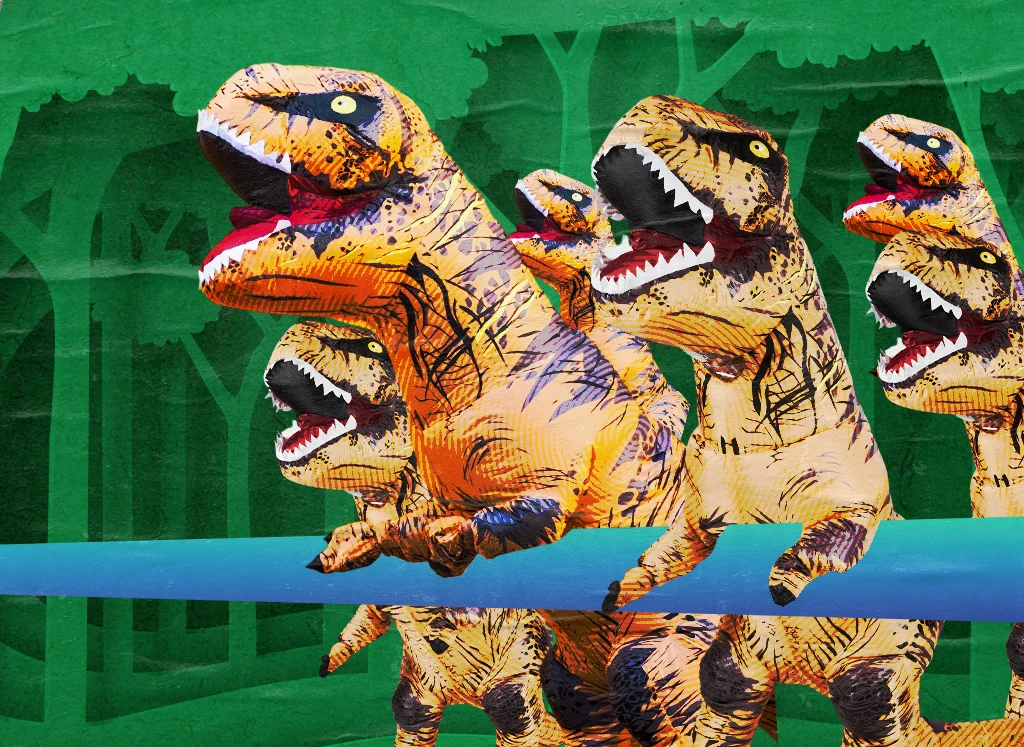 Inflatable T-Rex Racers Conquer Live Horse Track